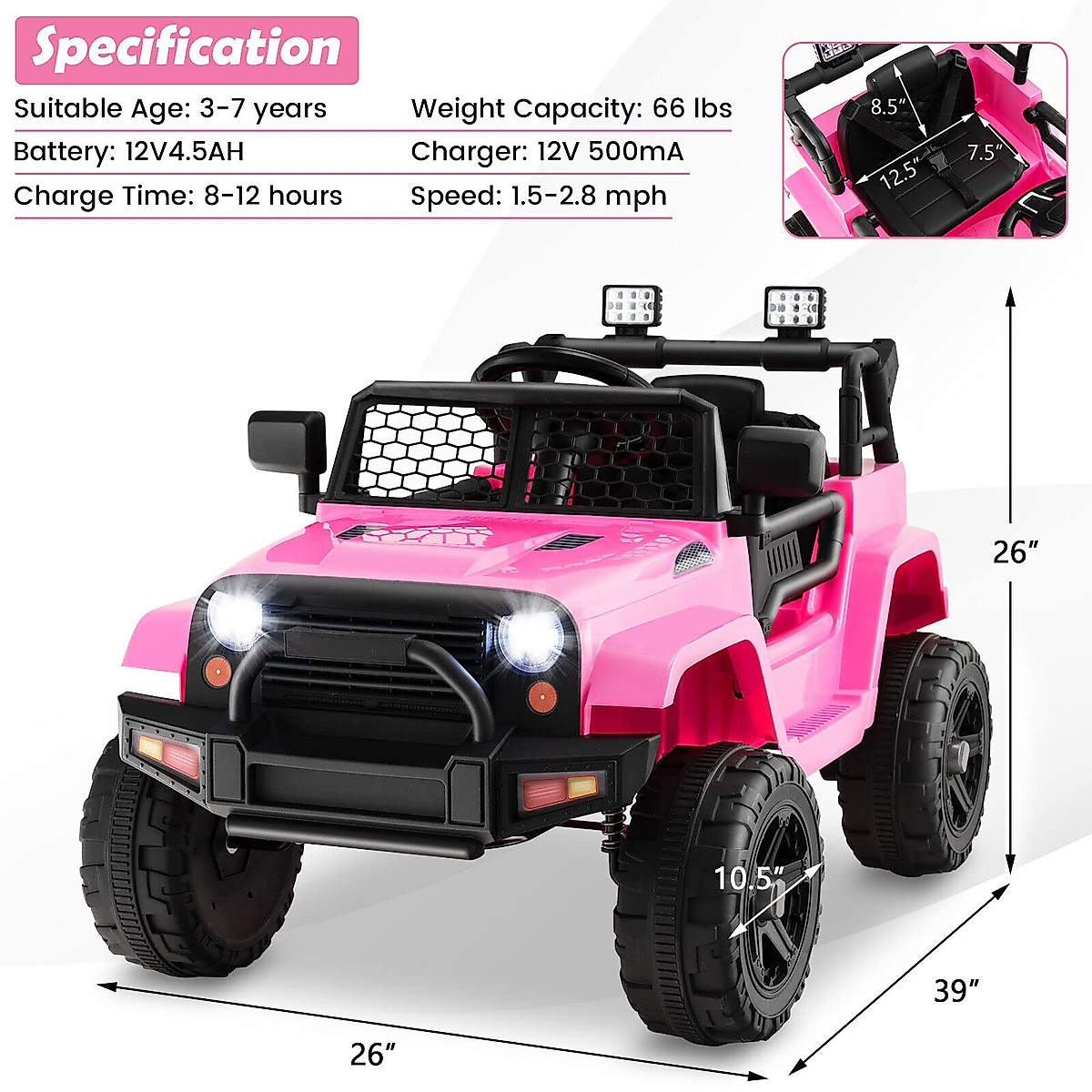 Costzon Ride on Car, 12V Battery Powered Electric Vehicle w/Parent Remote Control, Spring Suspension, Storage, 3 Speeds, LED Light, MP3, Music, USB & AUX Port, Safety Belt, Kids 4 Wheeler Truck, Pink