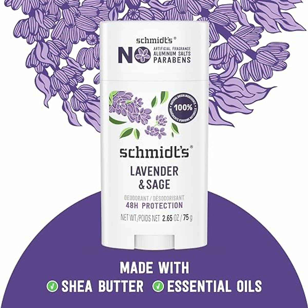 Schmidt's Aluminum-Free Vegan Deodorant Lavender & Sage with 24 Hour Odor Protection, 2 Count for Women and Men, Natural Ingredients, Cruelty-Free, 2.65 oz