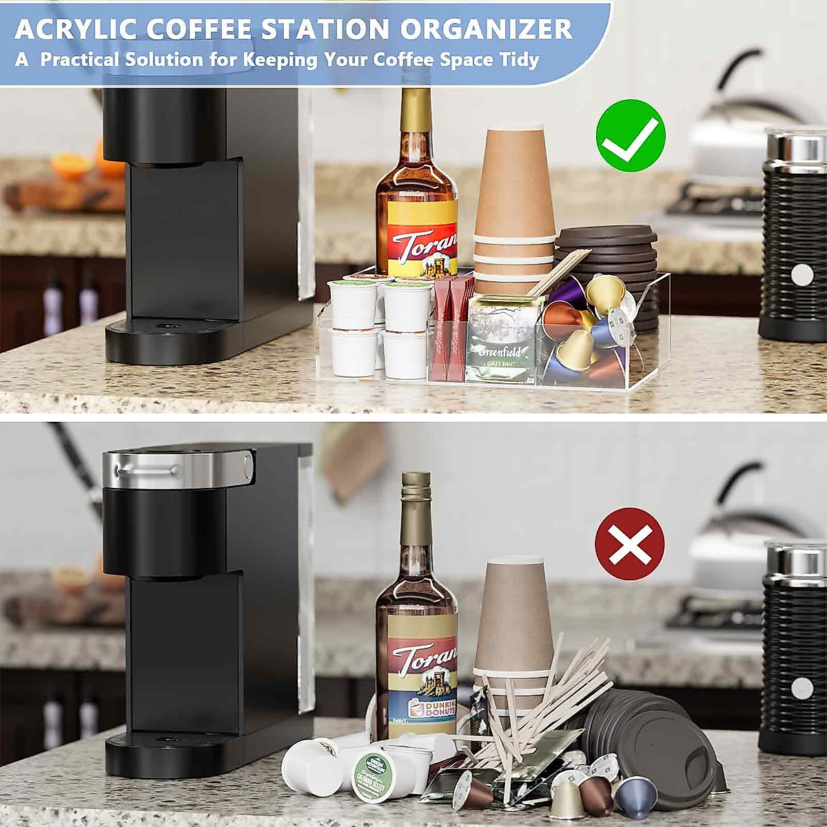 Neatsure Coffee Bar Station Organizer, Acrylic Countertop Holder for Pods, Condiments, Stirrers, Snacks, Tea, Bar Accessories, Gift for Lovers, Clear