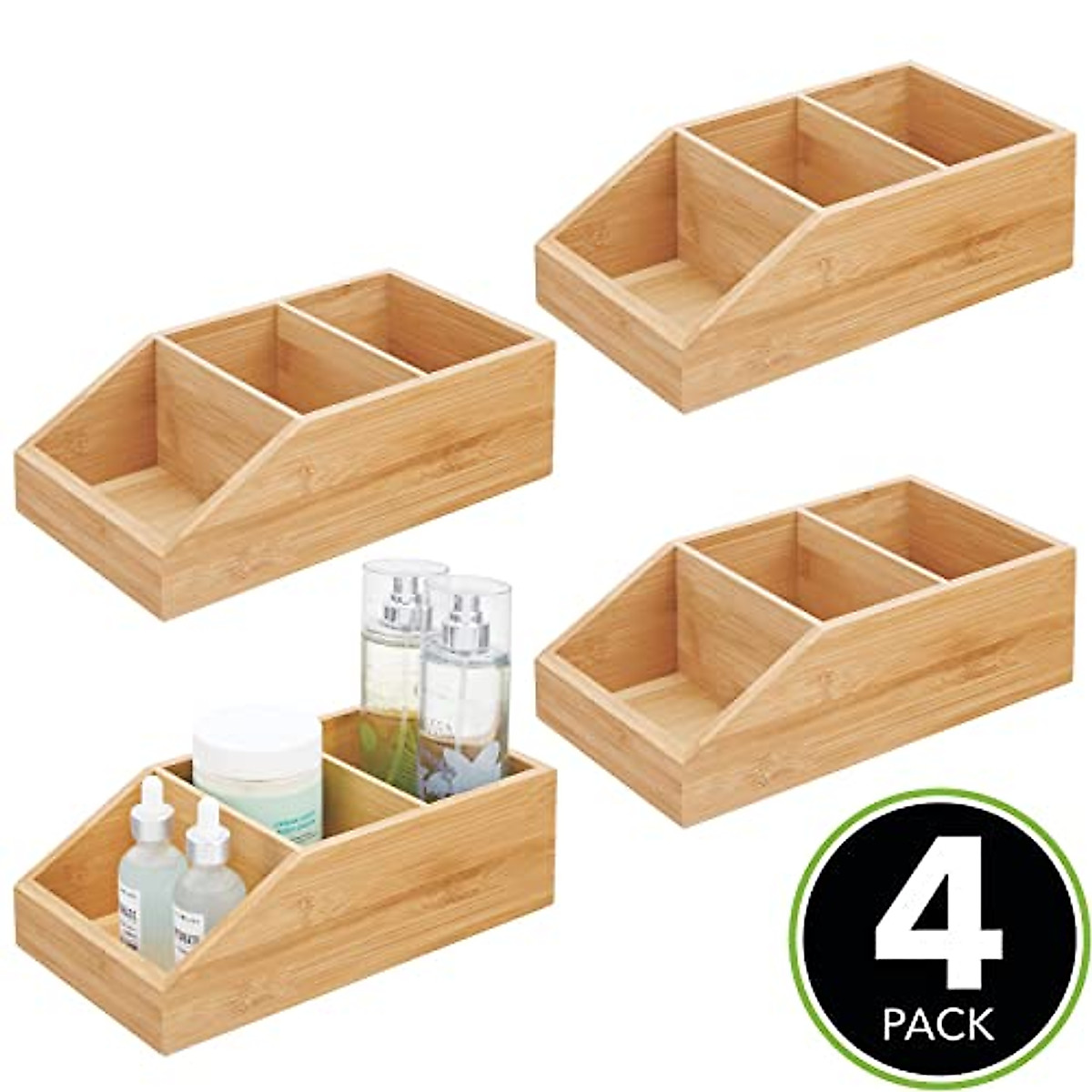 mDesign Bamboo Wood Compact Bathroom Storage Organizer Bin Box - 3 Divided Sections - Cabinets, Shelves, Countertops, Bedroom, Kitchen, Laundry Room, Closet, Garage, 4 Pack - Natural/Tan