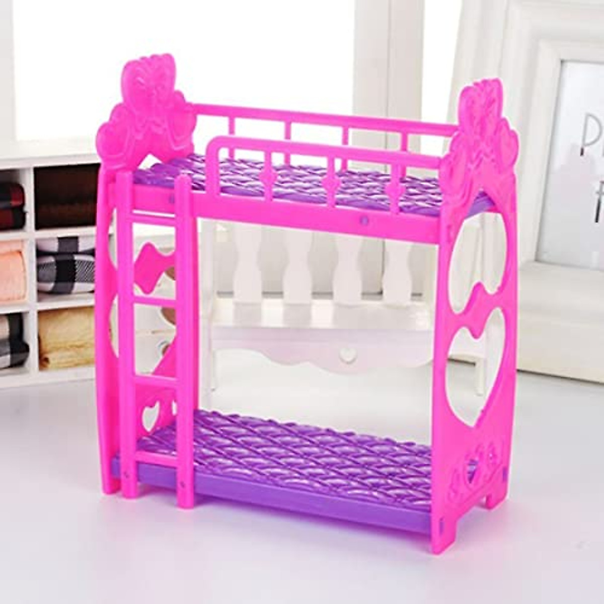 1pc Doll House Furniture Double Bed Frame Plastic Bunk Bed Bedroom Furniture Bed Set for Kelly Dolls Dollhouse Pink and Purple 3.5 Inches, Dolls House Furniture, Bedroom Furniture,