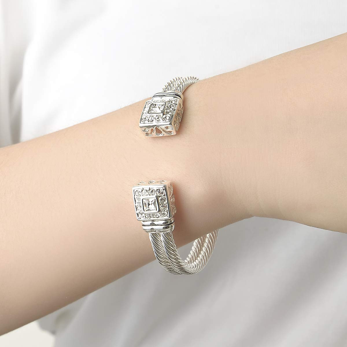 UNY Designer inspired jewelry double cable Wire Square CZ Antique Bangle Elegant Beautiful (White)