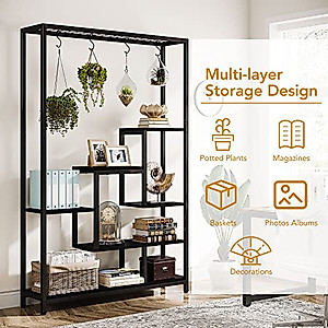 Tribesigns 5-Tier Tall Indoor Plant Stand, 70.9 inches Large Metal Plant Shelf with 6PC S Hanging Hooks, Multi-Purpose Flower Bonsai Pots Display Rack for Indoor, Garden, Balcony, Living Room, Black