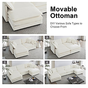 Linyuanwai Chenille 4-Seater Sofa Couch, Comfy Oversized Cloud Couch with Deep Seat and 6 Pillows Lounge Upholstered Large Sofa for Living Room Bedroom Office Apartment (White)