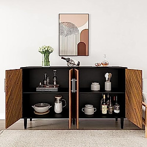 Black Sideboard Buffet Cabinet, 58’’ Buffet Cabinet with Storage, Black Sideboards and Buffets with Doors, Mid Century Sideboard with Doors, Modern Credenzas with Adjustable Shelf for Living Room
