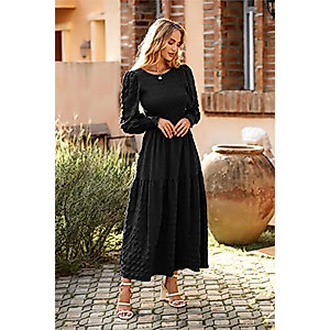 PRETTYGARDEN Women's Boho Puff Long Sleeve Crewneck Smocked Tiered Maxi Dress Solid Print Ruffle A-line Flowy Long Dress(Black,Large)