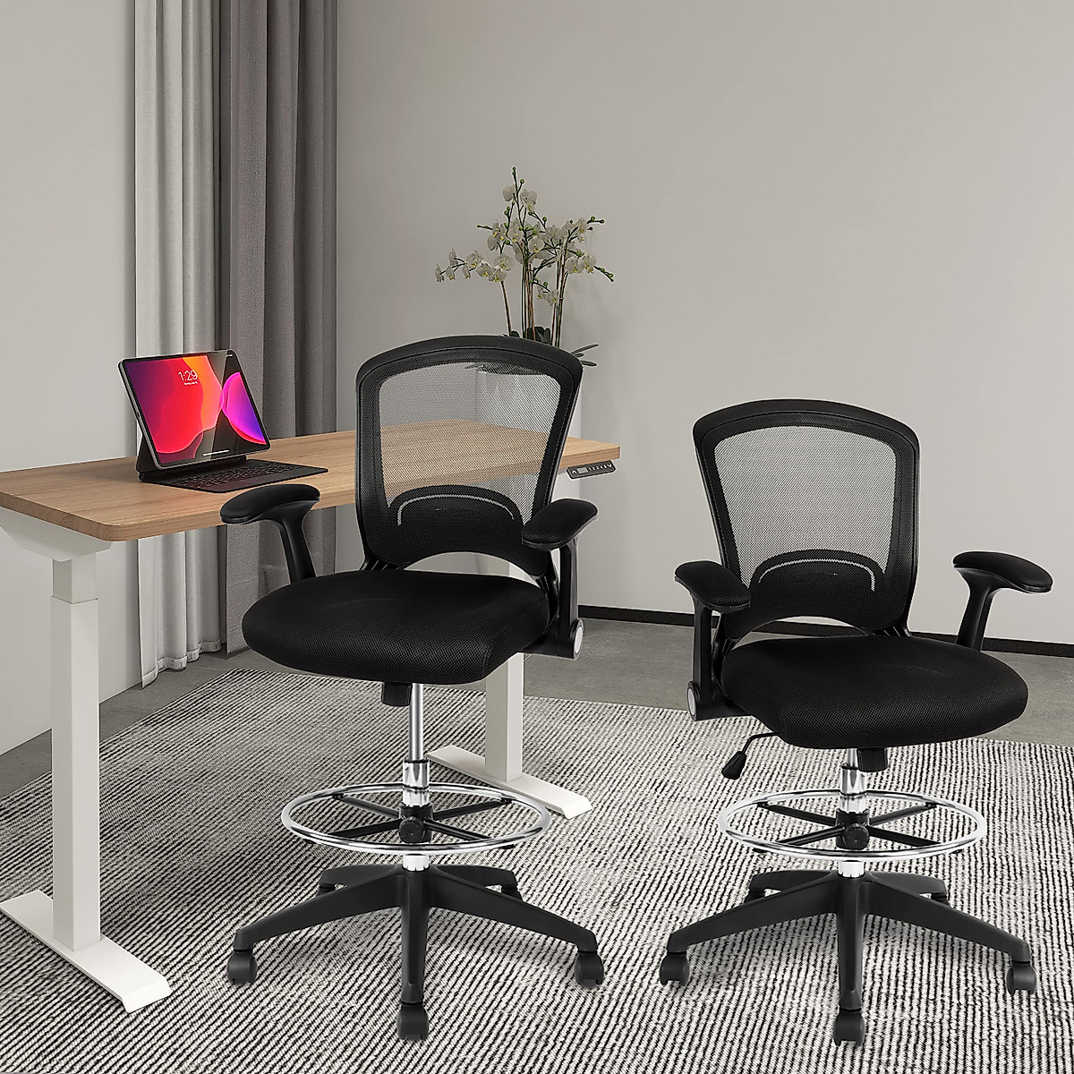Drafting Chair Tall Office Chair Ergonomic Standing Desk Chair with Adjustable Foot Ring and Flip-up Arms, Black