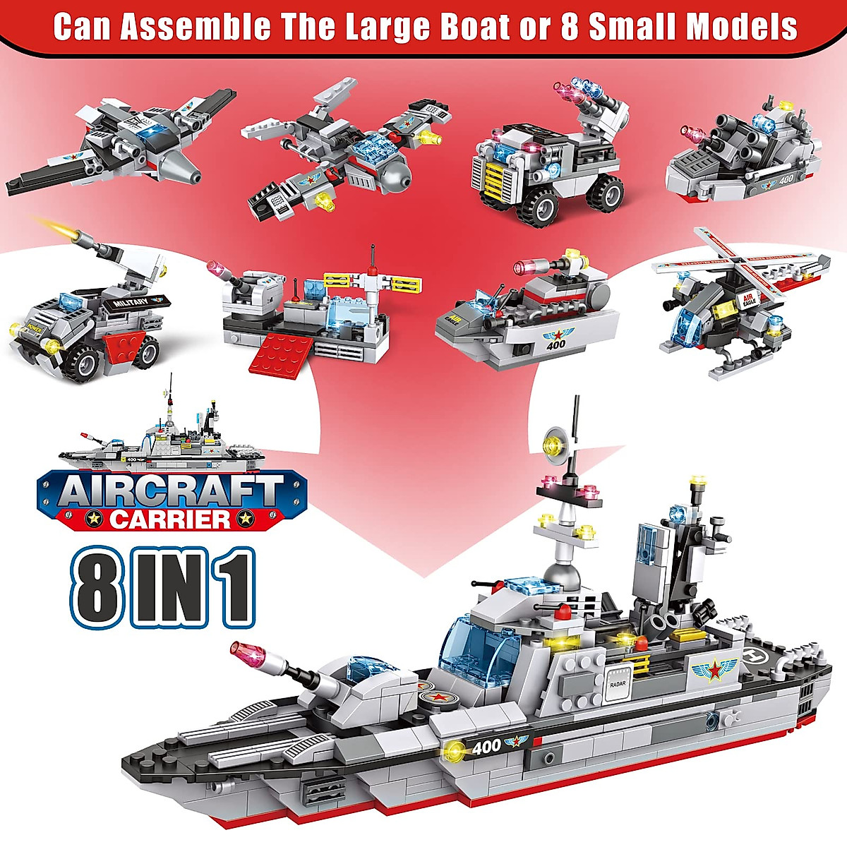 City War Aircraft Carrier Building Blocks Set, 8 in1 Military Battleship Model Brick Toy Kit with Helicopter, Aircraft, Boat, Creative Warship STEM Toys Gift for Kids Boys Girls 6+ (785 Pieces)