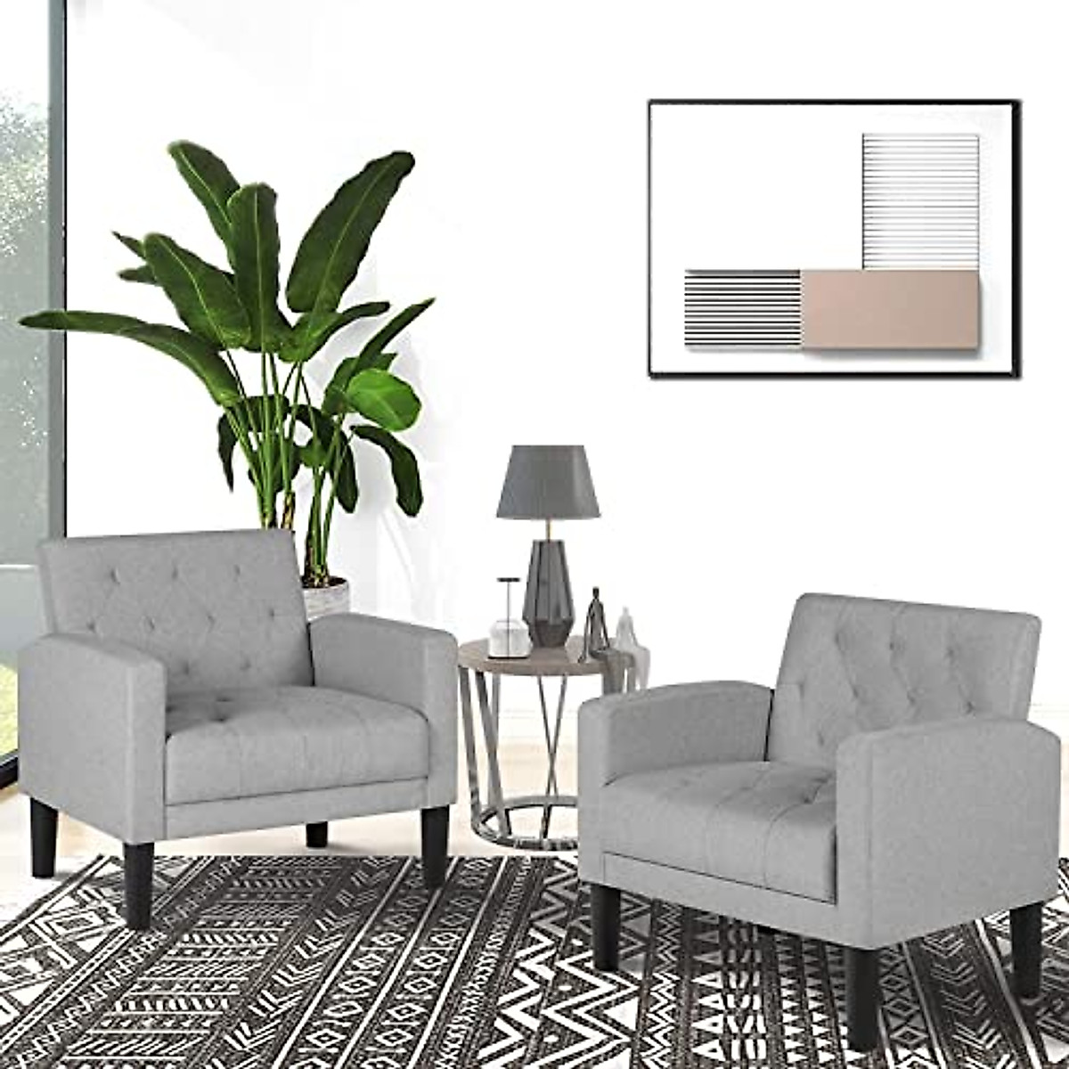 VAMEPOLE Modern Accent Chairs Set of 2, Comfy Living Room Chair, Cozy Tufted Mid Century Modern Accent Chair, Upholstered Reading Arm Chair for Living Room, Bedroom Sofa Chair(Light Grey, Set of 2)