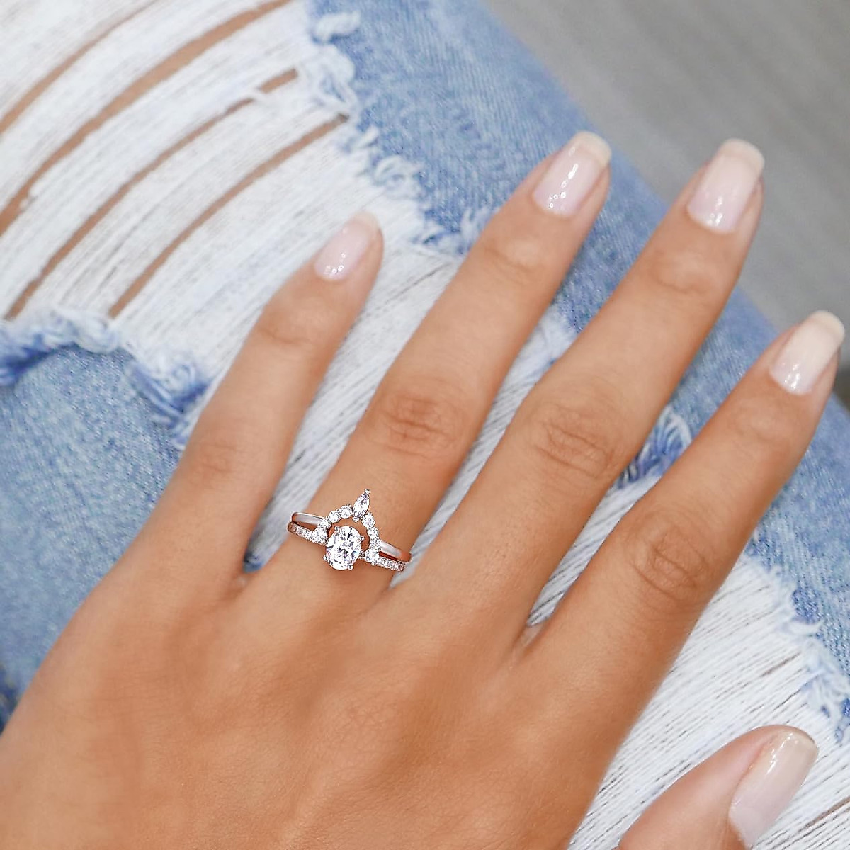 TIGRADE 1.5CT Bridal Ring Sets Oval Cut Cubic Zirconia Wedding Band Curved CZ Engagement Stackable Rings for Women Size 3-12, Silver, Size 7