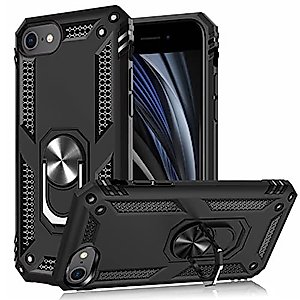 UniSpg iPhone SE Case 2022/2020, iPhone 8 Case, iPhone 7 Case [Military Grade Drop Texted] Protective Shockproof Phone Case with Magnetic Ring Kickstand for iPhone SE 3rd&2nd 8 7 SE 2022 2020 - Black