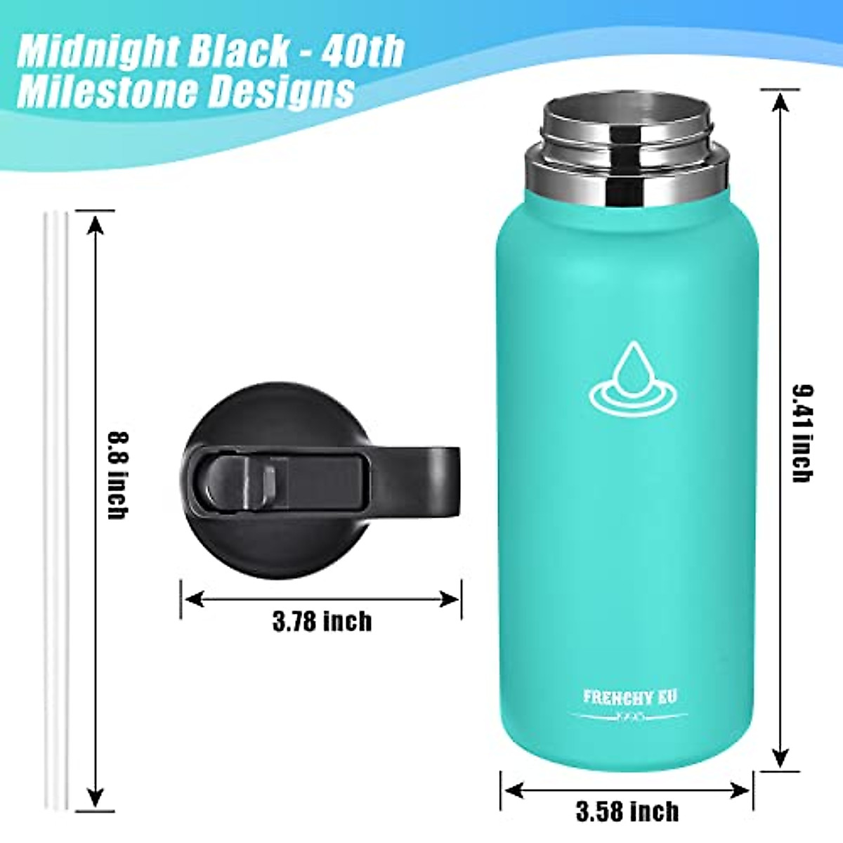 Frenchy EU Sports Water Bottle - 32 OZ, lids, Stainless Steel, Vacuum Insulated, Wide Mouth, Leak Proof, Reusable, Ecologique (Pacific)