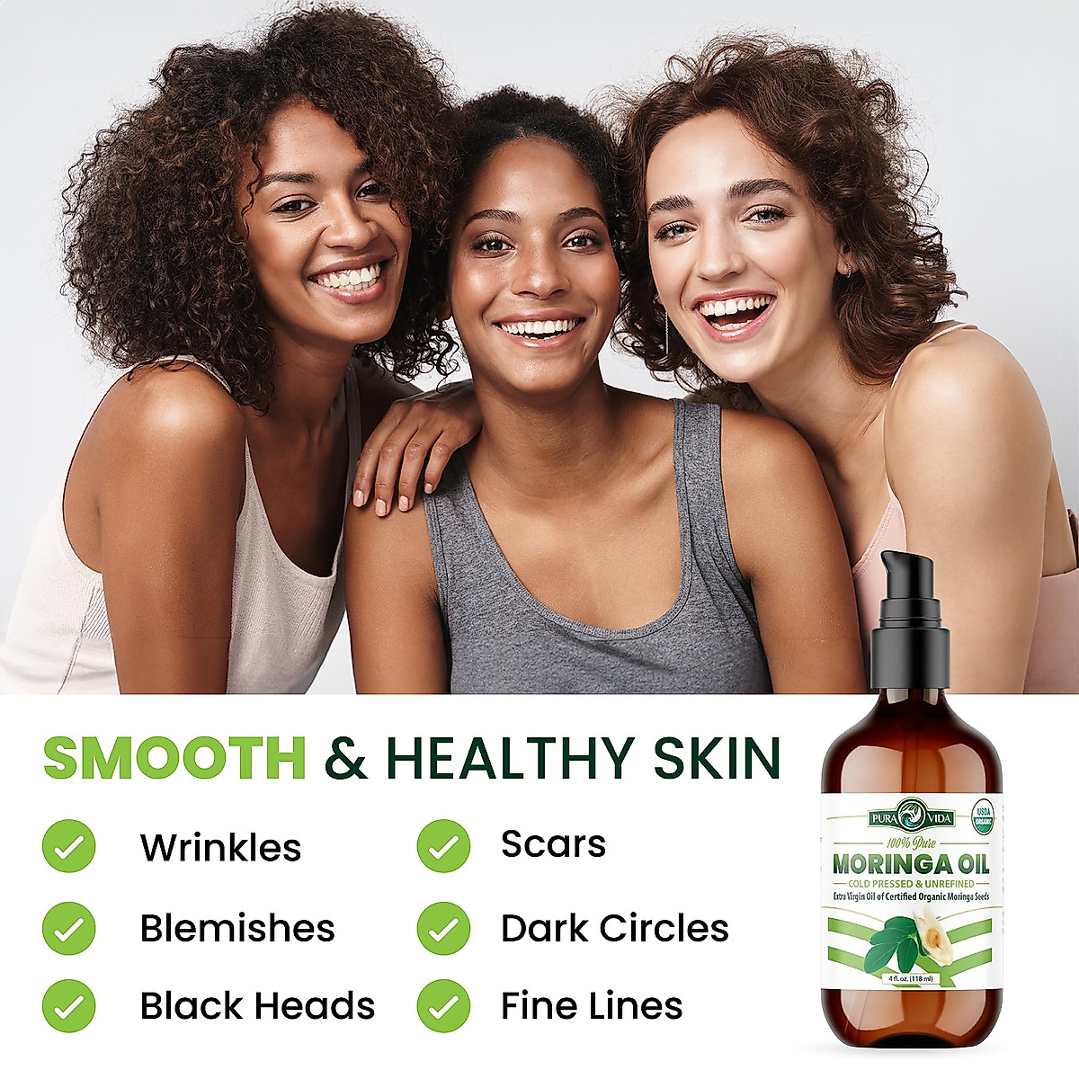 100% Pure Moringa Oil Organic for Face, Hair, Nails and Dry Skin - USDA Certified Single Origin Moringa Oleifera Seeds Extract - 3rd Party Tested, Cold Pressed & Unrefined Organic Moringa Seed Oil