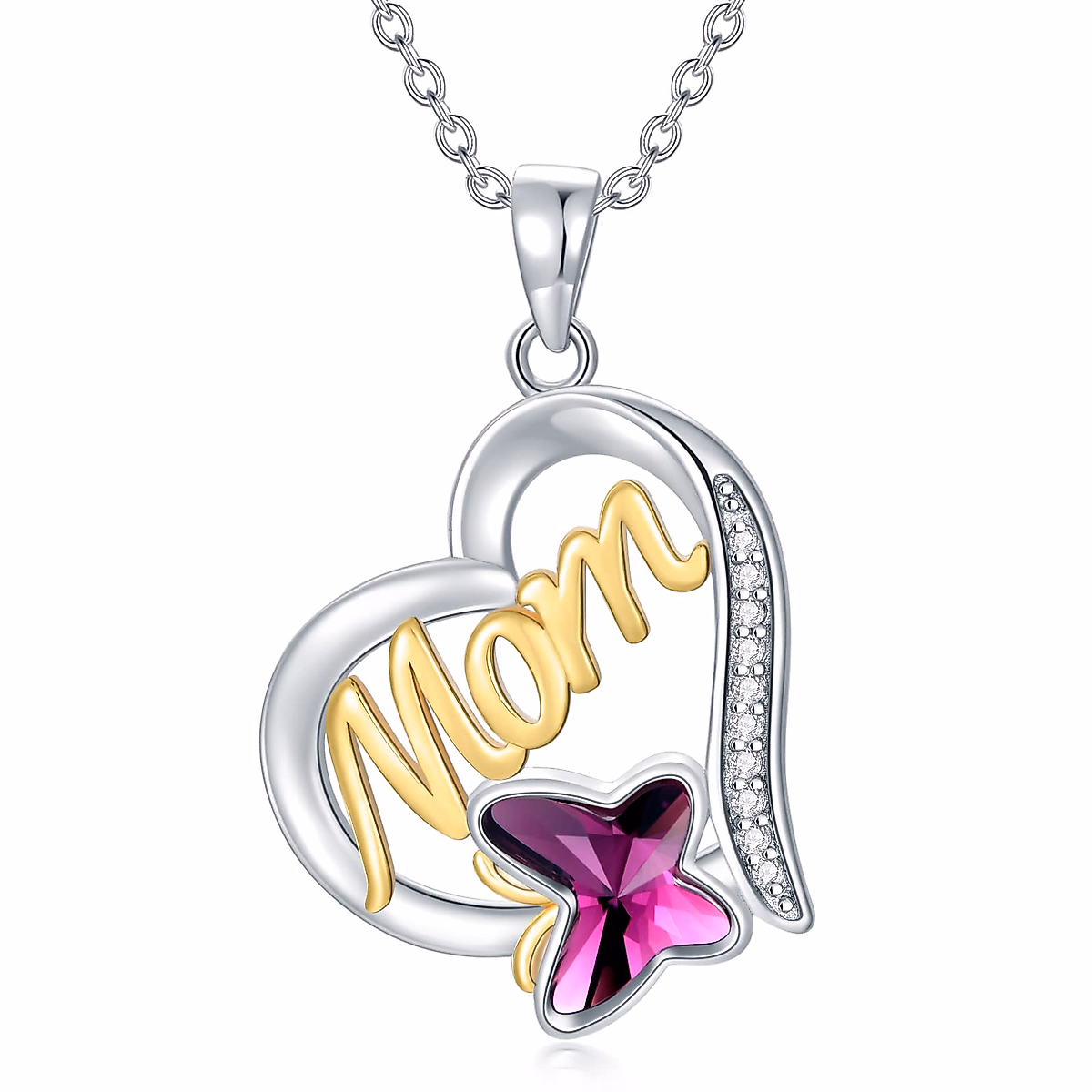 Natural Diamond Mom Heart Necklace for Women,925 Sterling Silver Butterfly Crystal Pendant Necklaces Birthday Gifts for Mom Wife 18"-20’’