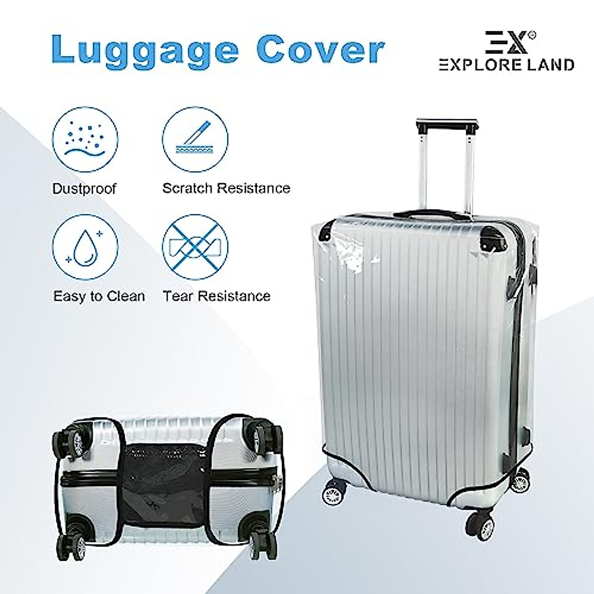 Explore Land Clear Luggage Cover Durable Transparent Suitcase Protector for Travel (Clear PVC, M(24-26 inch luggage))