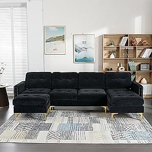 U-Shaped Sectional Sofa w/Reversible Chaise and Movable Ottoman, 110"W 5-Seater Convertible Corner Couch Modern Design Comfy Sofa & Couch with Side Pockets and Nail Head for Home Office Apartment