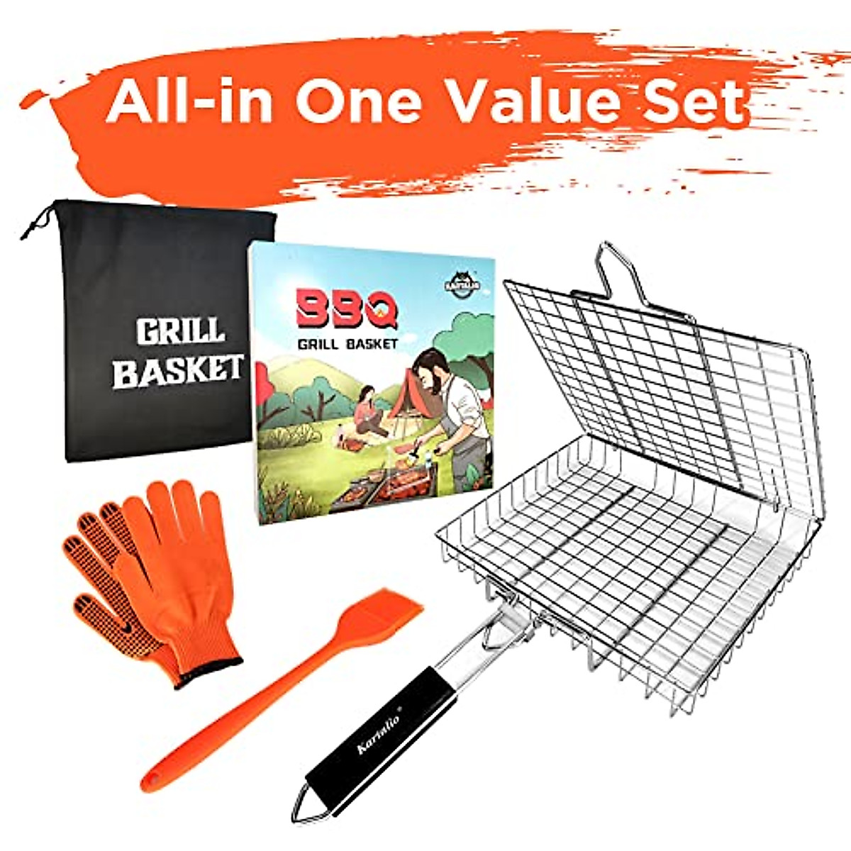 KARTALIO BBQ Stainless Steel Grill Basket,Barbecue Party Rustproof Grilling Basket, Large Folding Grilling baskets With Detachable Handle, Portable Outdoor Camping Accessories.