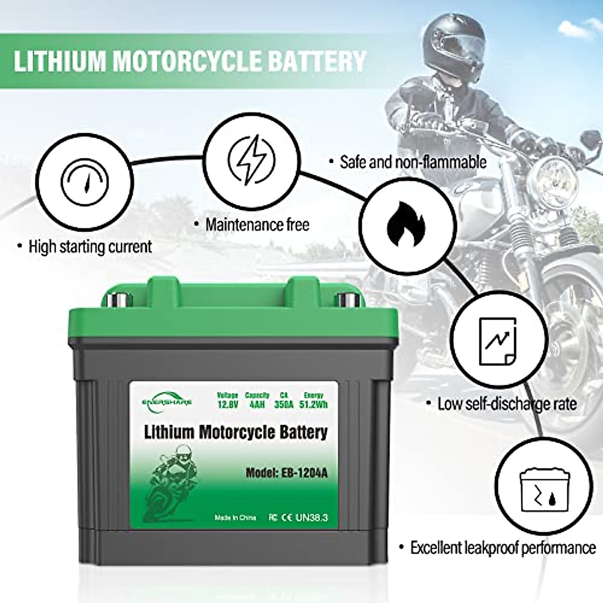 ENERSHARE Lithium Motorcycle Battery, 12V 400A Replaces YTX9-BS Lightweight Powersport Battery,for Motorcycle, ATV, Scooter, Dirt Bike, Snowmobile, Personal Watercraft, Lawn Mower