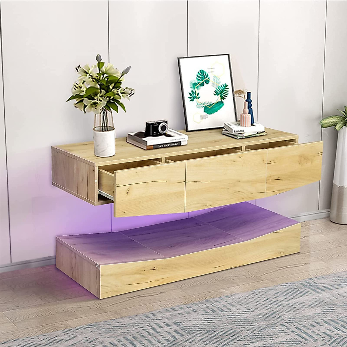 Wood Floating TV Stand for 55 Inch TV LED TV Console Wall Mounted Entertainment Center with Display Platform and 3 Drawers Media Table Cabinet for Living Room Oak