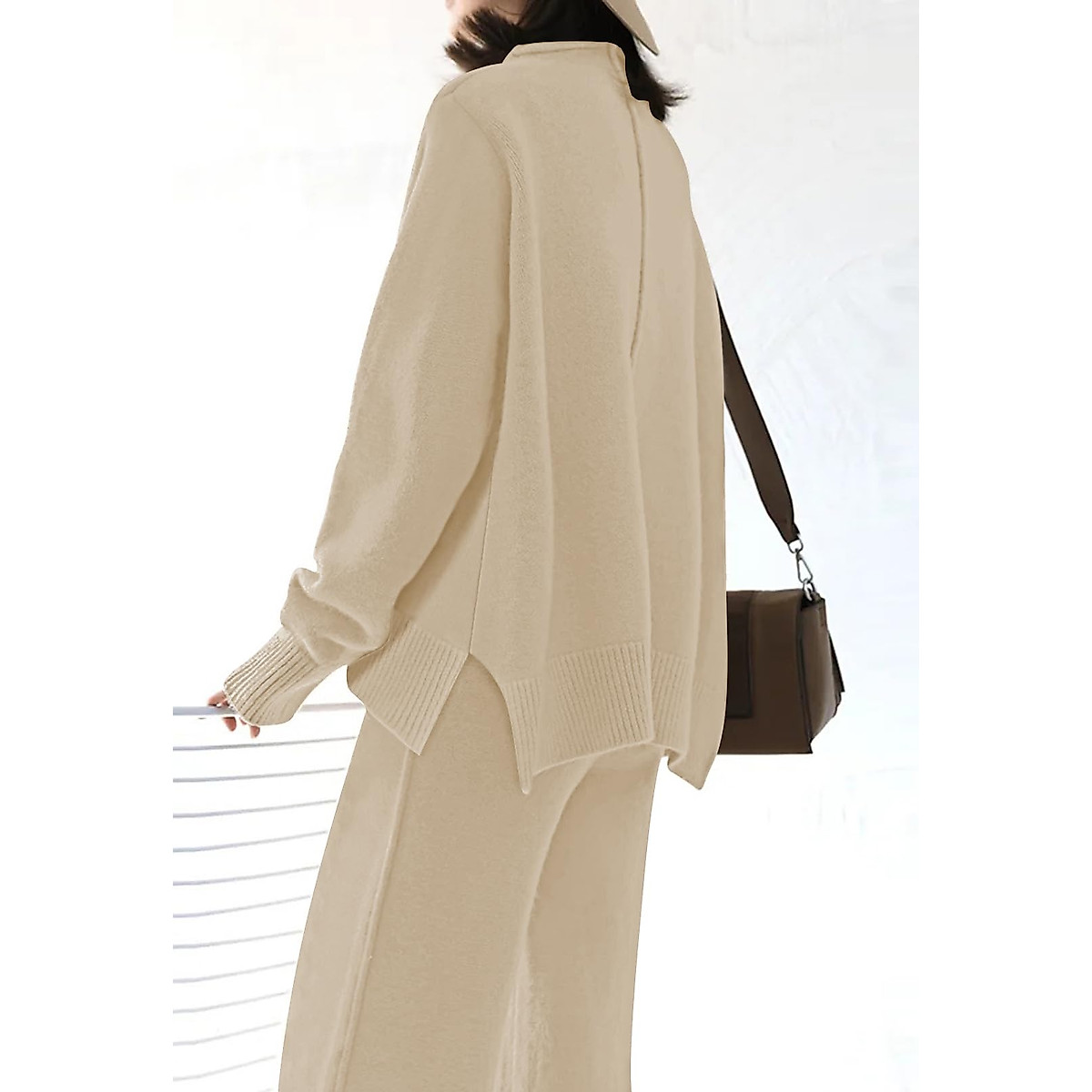 Linsery Womens Tracksuits Winter Casual Two Piece Set Women Knitted Loose Sweater Pullover Top Wide Leg Pants Suit Outfit Apricot Medium