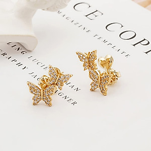 CZ Butterfly Studs Earrings - 14K Gold Plated CZ Pave Butterfly Earrings for Women，Good Gift for Sister,Lover (Gold - A)