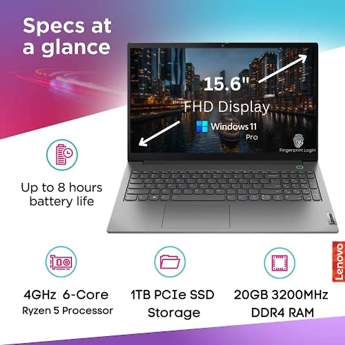 Lenovo ThinkBook Essential Laptop, 15.6" FHD IPS Anti-Glare Display, AMD Ryzen 5 Processor (6 Cores, 4.0GHz), 12GB Memory, 512GB SSD Storage, Backlit Keyboard, Fingerprint Reader, Windows 11 Pro