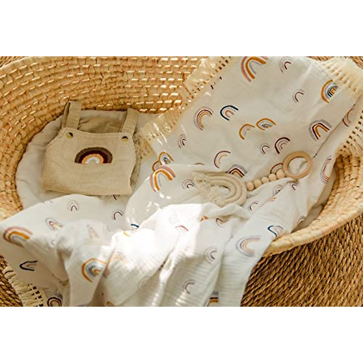 CHUNGEL Cotton Baby Muslin Tassles 40"x 47", Baby Receiving Blanket with Fringe, Boho Muslin Swaddle Blanket with Fringe - Rainbow