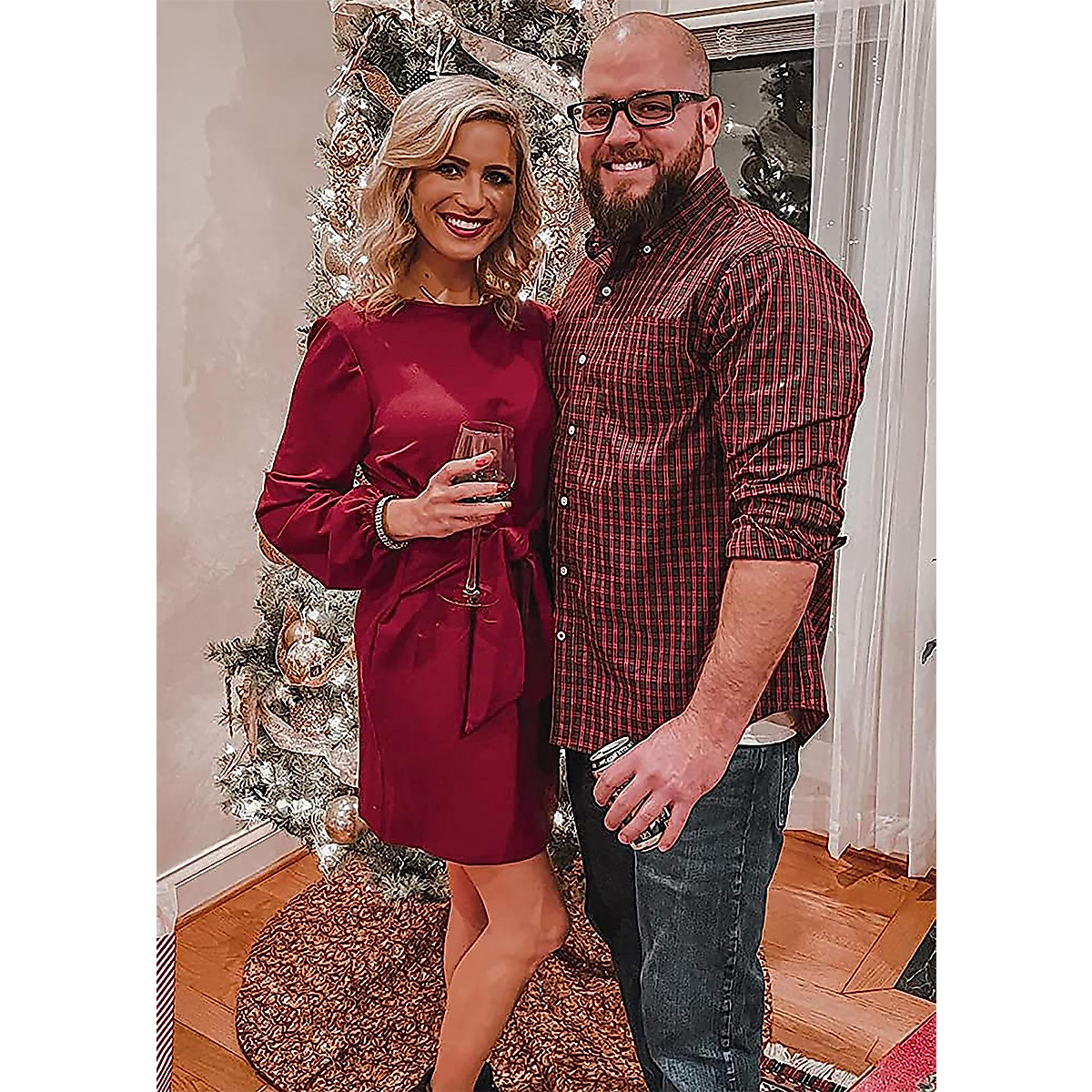 PRETTYGARDEN Women's Elegant Long Lantern Sleeve Short Dress Crewneck Tie Waist Knit Cocktail Dress (Wine Red,Large)