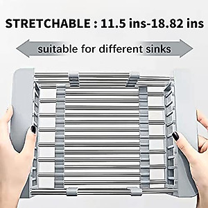 NANGAO Over The Sink Drain Strainer Basket Stainless Steel Small Drying Rack Collapsible Colander for RV Camper, Expandable Fruits Vegetables Bottle Washing Basket Kitchen Gadgets