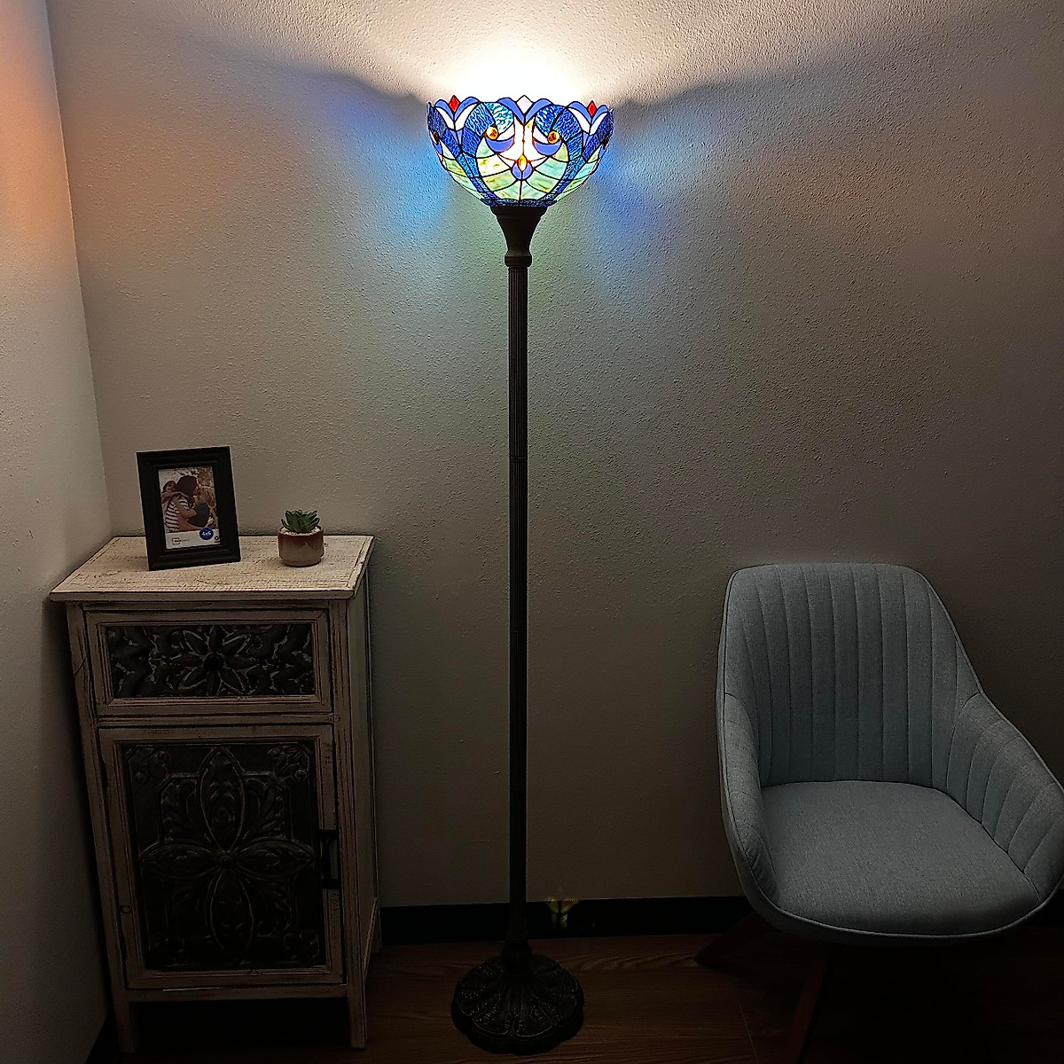 enjoy decor lamps Tiffany Torch Floor Lamp Blue Liaison Stained Glass LED Bulb Included for Living Room Dining Room Bedroom Office Hotel 66" H