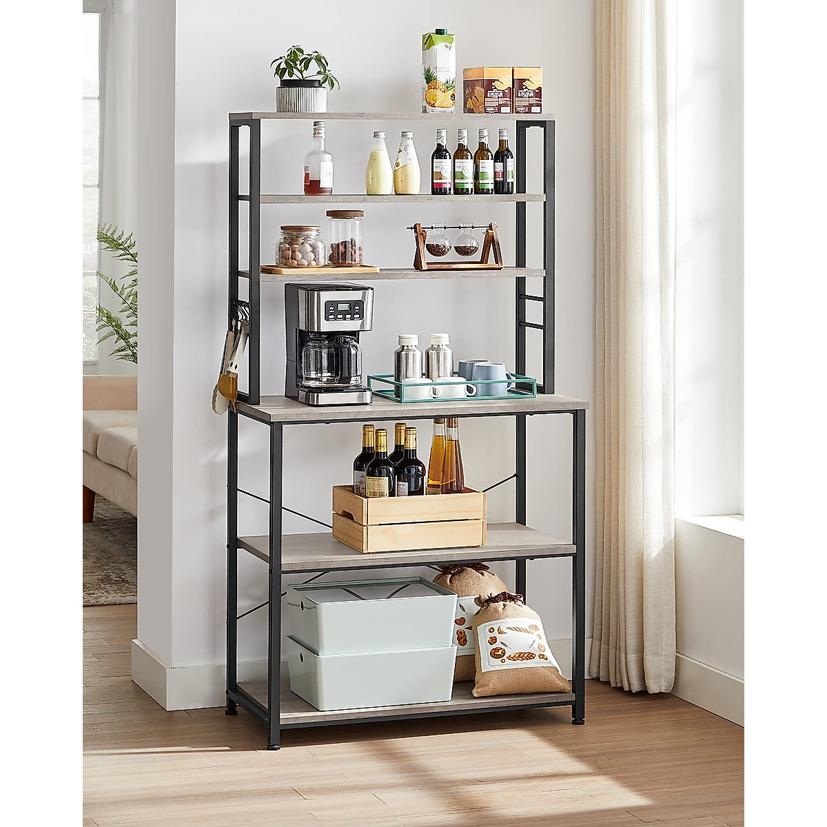 VASAGLE Coffee Bar, 31.5 Inches Baker's Rack for Kitchen with Storage, 6-Tier Kitchen Shelves with 6 Hooks, Microwave Stand, Industrial, Greige and Black UKKS019B02