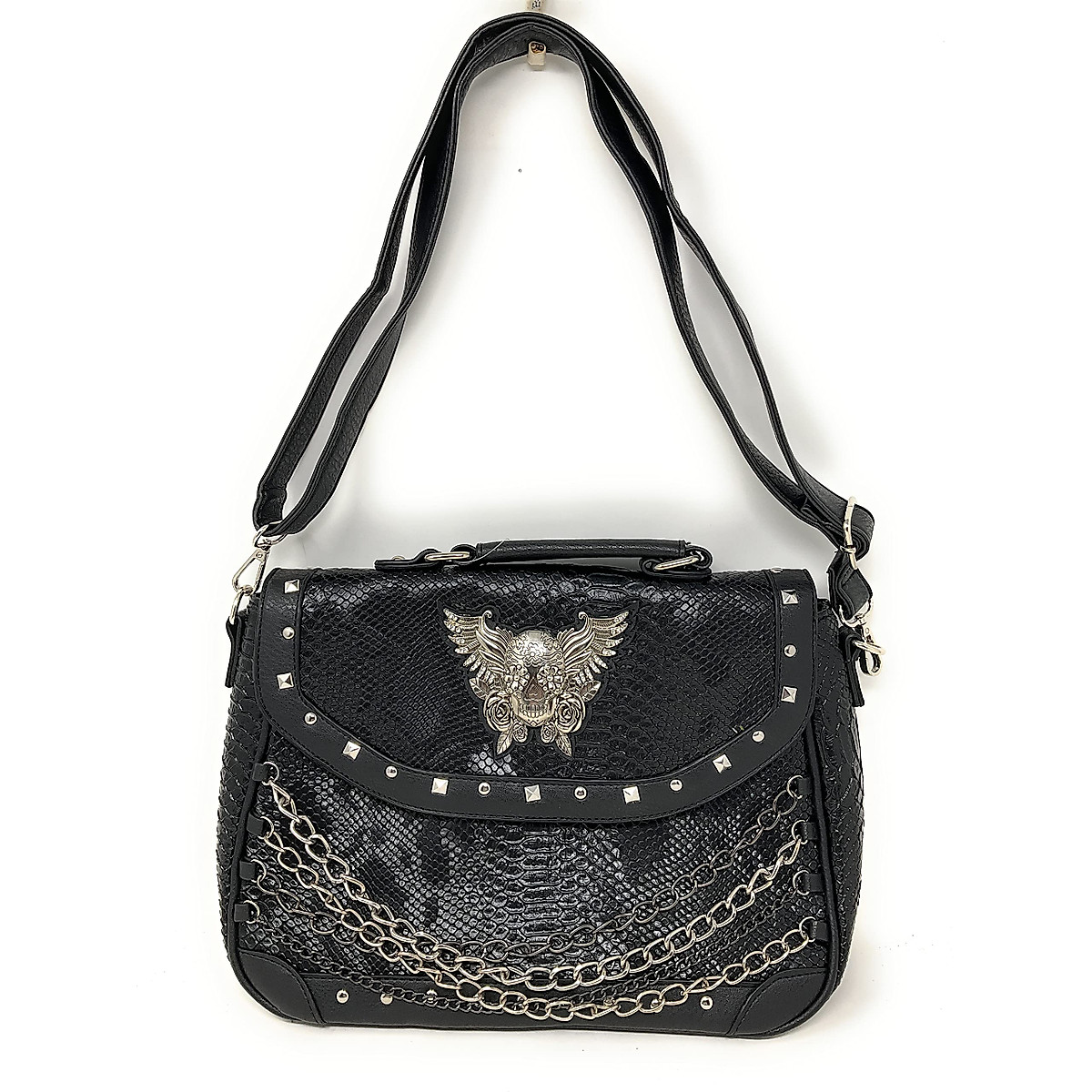 Texas West Women's Skull Chain Concealed Carry Handbag Purse Shoulder Bag/Crossbody Bag/Walllet (Black Set)