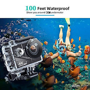 GNOLKEE 4K WiFi Action Camera, 100 Feet Waterproof Camera with 170 Ultra Wide Angle Lens, 2" IPS Screen Underwater Camera with Accessories Kit for Go pro PC Webcam YouTube/Vlogging Video