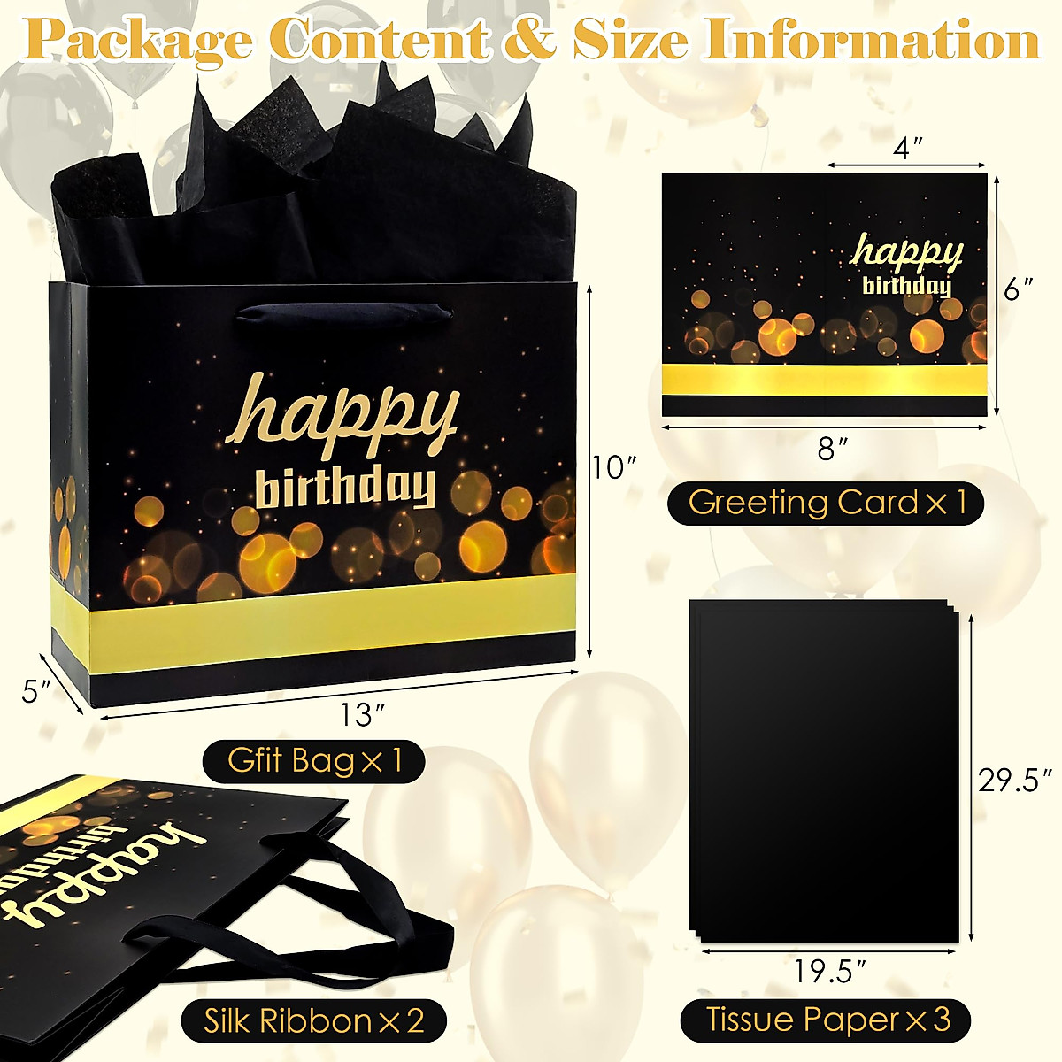 【1 Set】13" Birthday Gift Bag with Birthday Card, Black Gift Bags with Handles, Gift Bags Medium Size with Tissue Paper,Gift Bags Bulk,Birthday Gift Bags Bulk for Men,Kids,Christmas,Party,Thanksgiving
