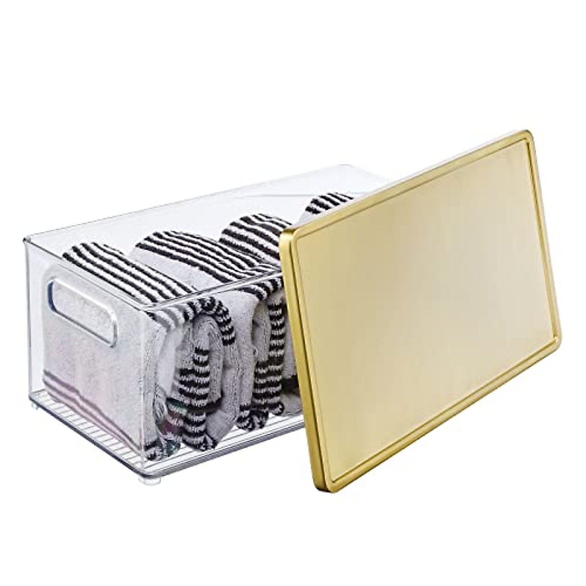 mDesign Plastic Bathroom Storage Organizer Bin - Stackable Box with Handles and Steel Lid - Perfect for Makeup and Medicine Organization - 15" Long - Ligne Collection, 2 Pack, Clear/Soft Brass