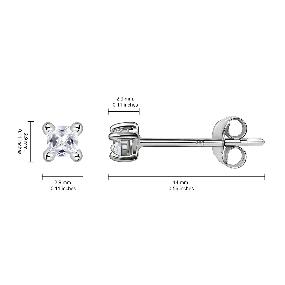 Tiny Small Stud Earrings Set Sterling Silver Princess-Cut Square Tiny Cubic Zirconia 2mm CZ Earring for WoMen Men, Set of 3 Pairs for Multiple Piercings