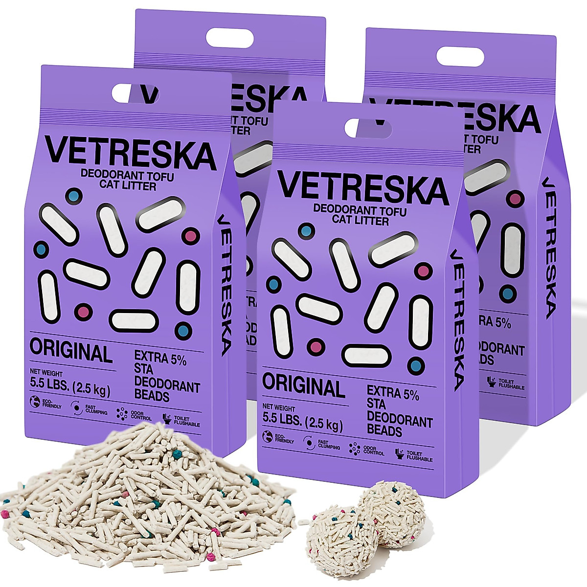 VETRESKA Tofu Cat Litter,Natural Kitty Litter Strong Clumping Flushable Cat Litter Pellets Ultra Absorbent,Odor Control,Dust-Free,Low Tracking Eco-Friendly Tofu Litter,Original(5.5lb×4bags)