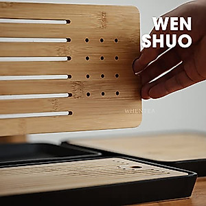Ceramic Tea Tray, Double-Layer Bamboo Tray, for Tea Table (Rectangle, Black)