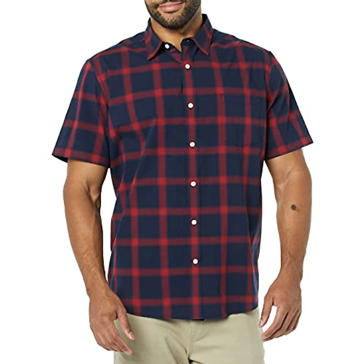 Amazon Essentials Men's Short-Sleeve Stretch Poplin Shirt (Available in Big & Tall), Navy Red Buffalo Plaid, Medium