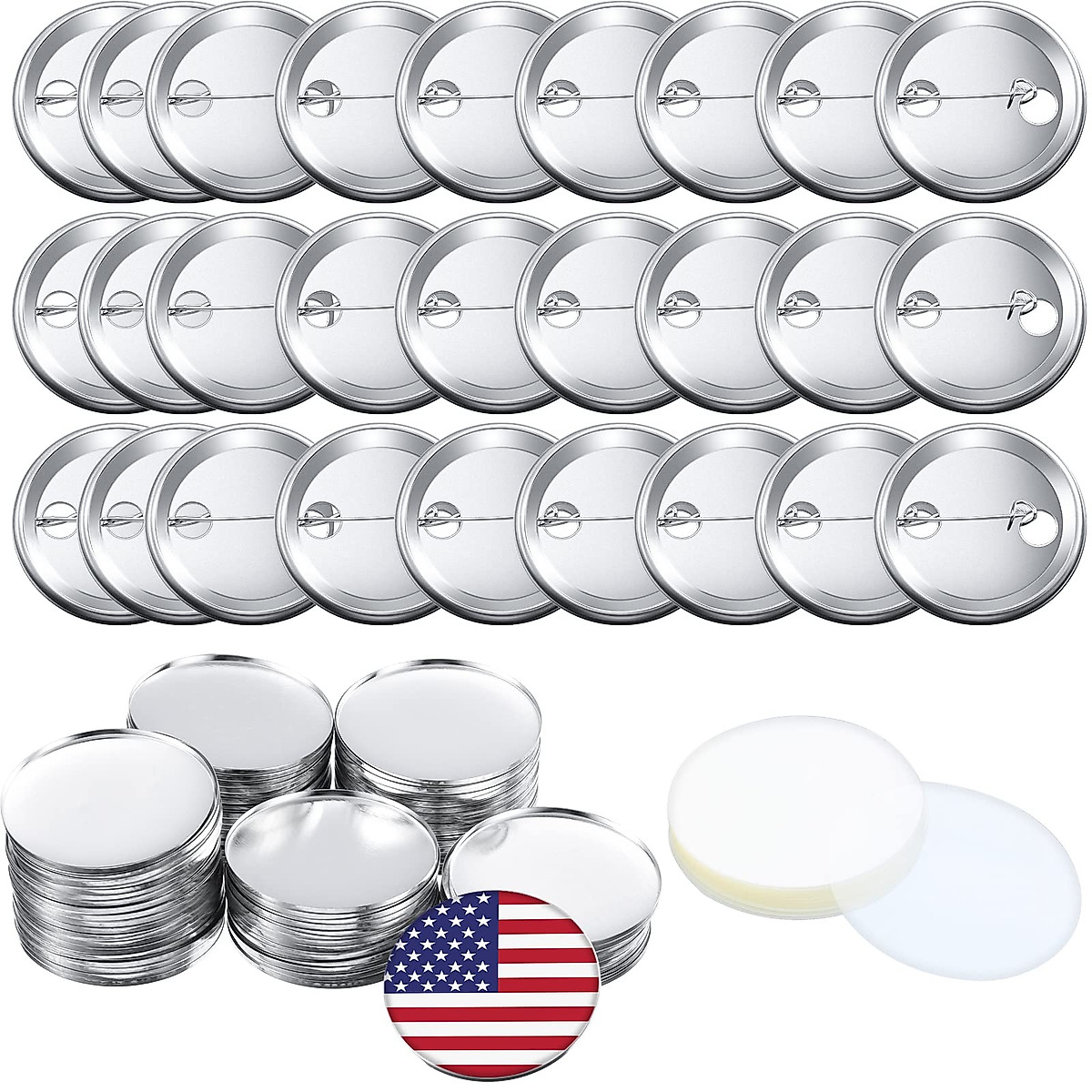 150 Pcs Round Button Parts Blank Button Making Supplies Metal Button Badge Sets for Button Maker Machine, Include Metal Shells Metal Back Cover Clear Film Components (Silver, 58 mm/ 2.28 Inch)