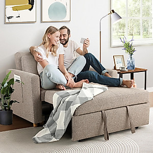 SEJOV 3-in-1 Convertible Sofa Bed, Linen Fabric Sleeper Couch Pull Out Bed, 49" 2-Seater Loveseat Futon Sofa with Spring Support, Adjustable Backrest and Pillows for Small Spaces, Living Room