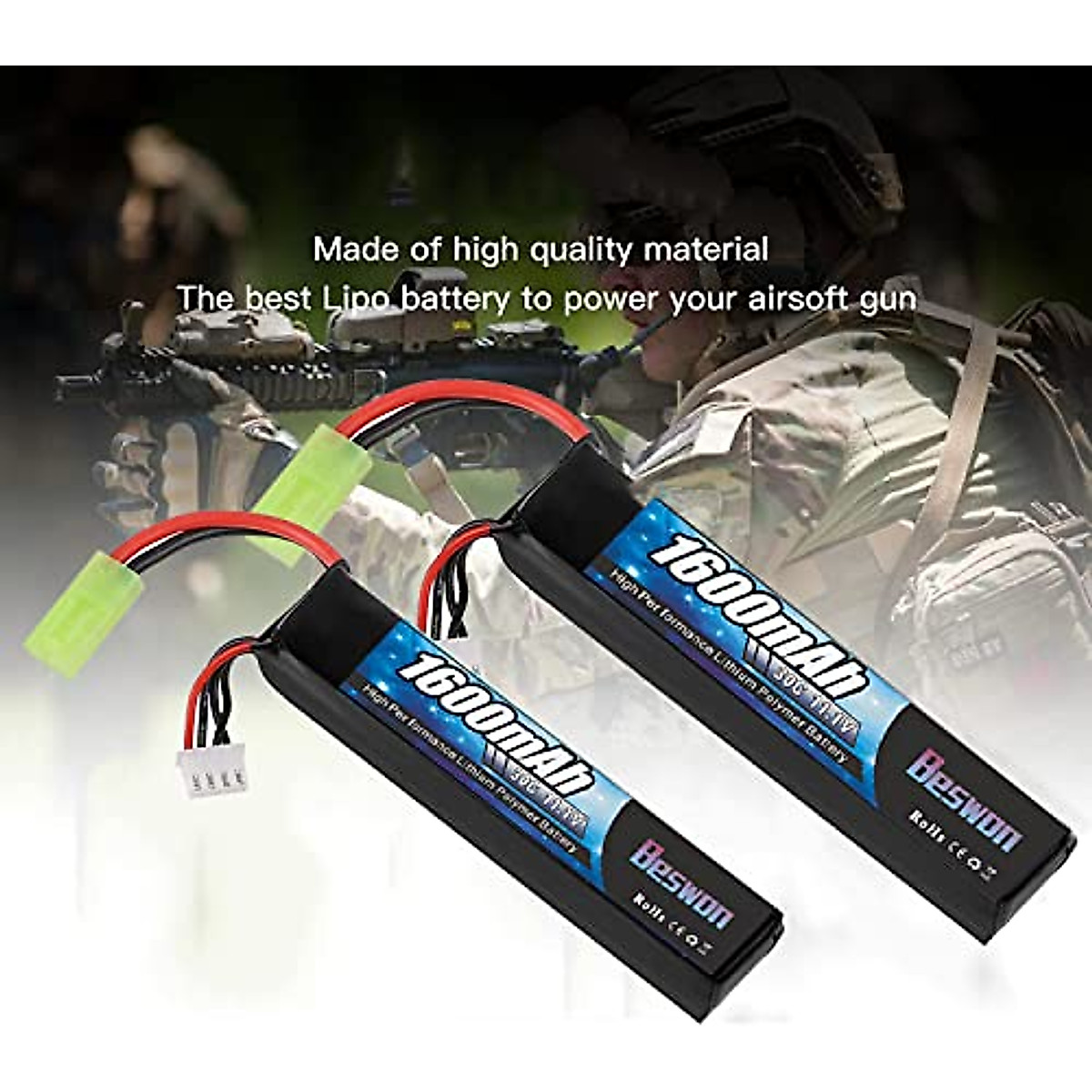 BESWON 2 Packs Airsoft Battery 11.1V Rechargeable 1600mAh 30C Lipo Battery Pack with 2S-3S Balance Charger for Airsoft Guns Rifle
