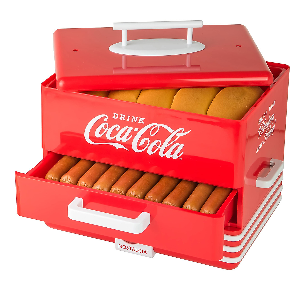 Nostalgia Extra Large Diner-Style Coca-Cola Hot Dog Steamer and Bun Warmer (24 Hot Dog and 12 Bun Capacity) and Nostalgia Two-Speed Electric Coca-Cola Limited Edition Milkshake Maker and Drink Mixer