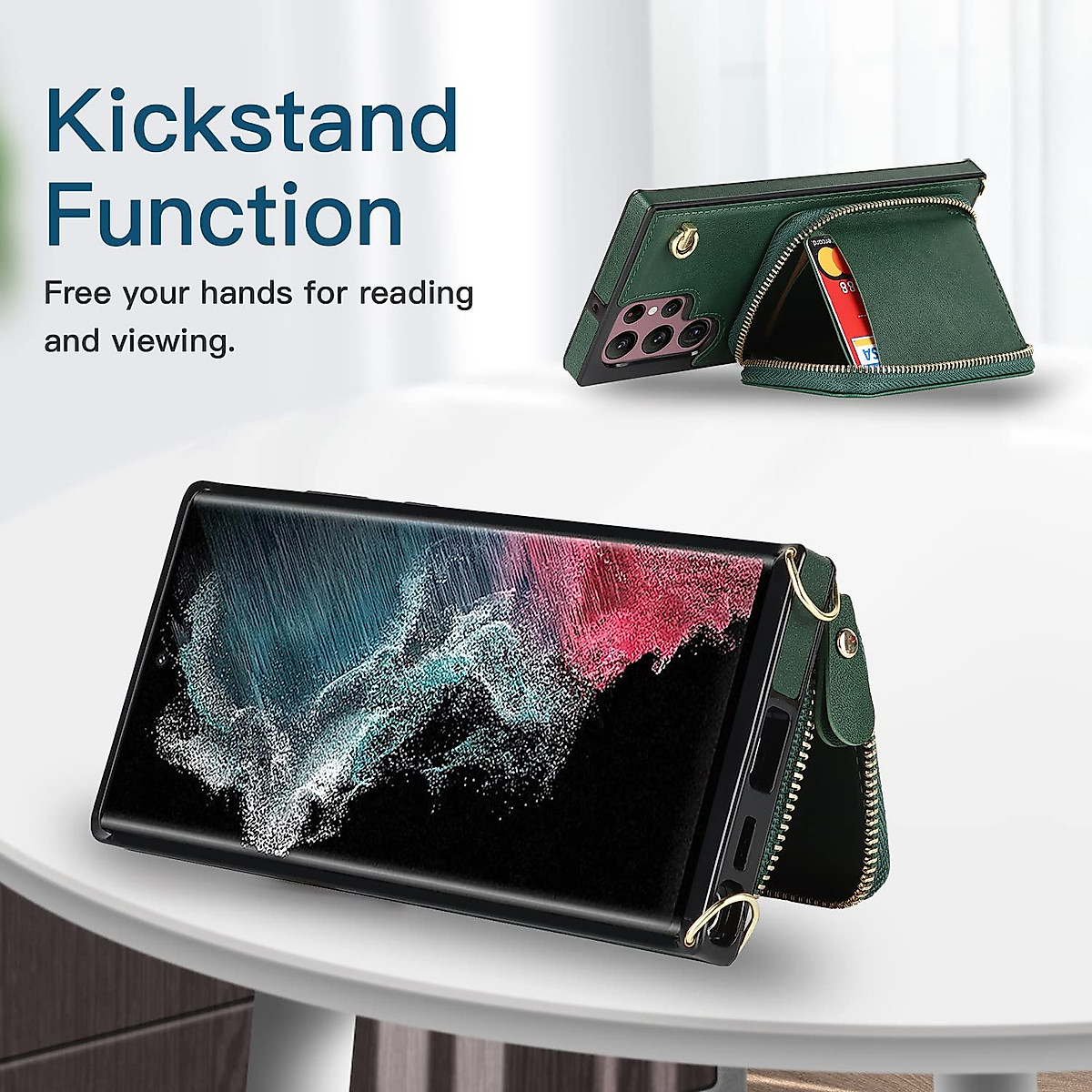 Galaxy S22 Ultra Case Wallet with Card Slot Holder, WARGUZU Crossbody Strap Luxury Leather Handbag Zipper Case for Women Girls Fullbody Shockproof Protective Purse Case for Samsung Galaxy S22 Ultra