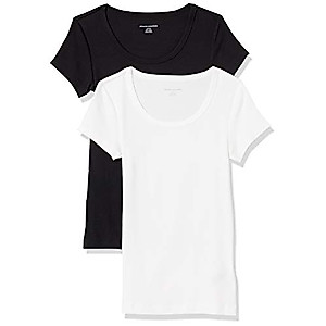 Amazon Essentials Women's Slim-Fit Cap-Sleeve Scoop Neck T-Shirt, Pack of 2, Black/White, X-Large