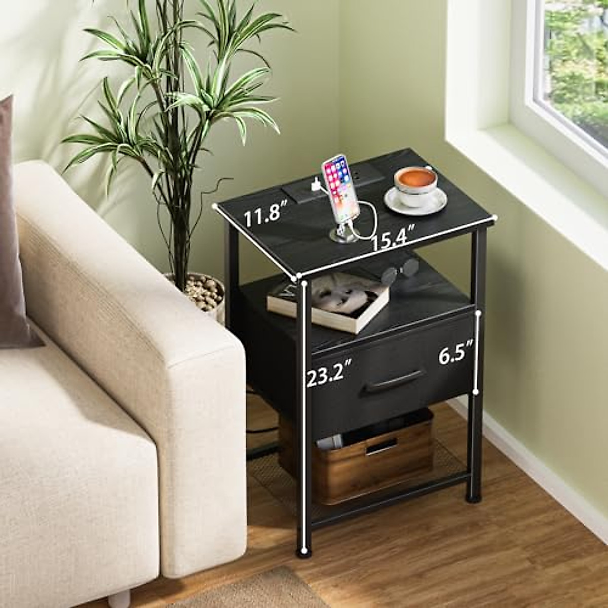 LAKEMID Nightstands Set of 2 with Charging Station and Drawer, End Table Bedside Table with 20 Colors LED Light Strip and 2 Layers Shelf for Bedroom Living Room Sofa Couch (Black)