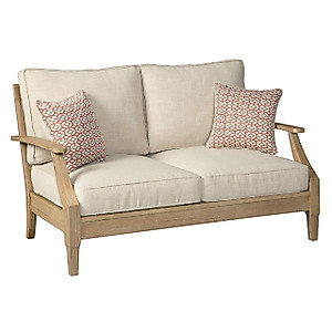Signature Design by Ashley Clare View Coastal Outdoor Patio Eucalyptus Loveseat with Cushions, Beige