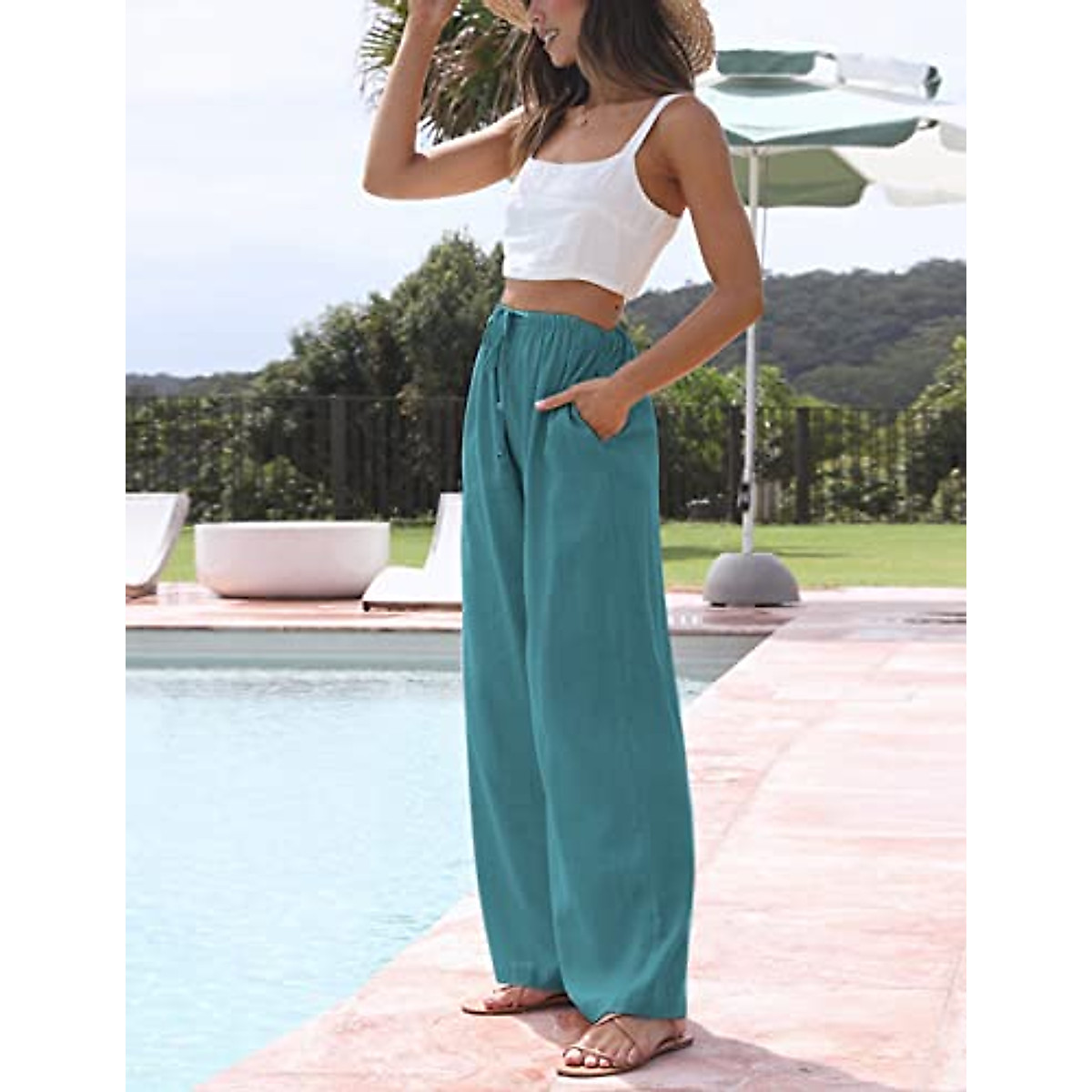 Bianstore Women's Cotton Linen Palazzo Pants Flowy Wide Leg Elastic Waist Summer Beach Pants Trousers(Blue-XL)