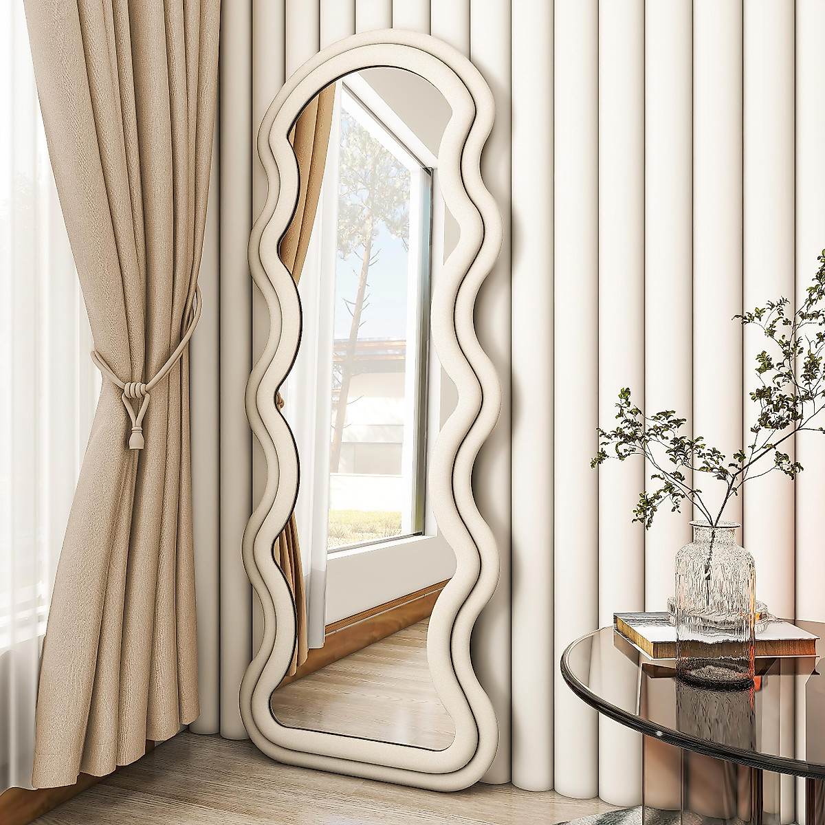 ABSWHLM Arched Full Length Mirror 63"x24" Irregular Wavy Mirror with Flannel Wrapped Wood Frame Floor Mirror for Living Room, Bedroom Hanging or Leaning Wall-Mounted, Milk White