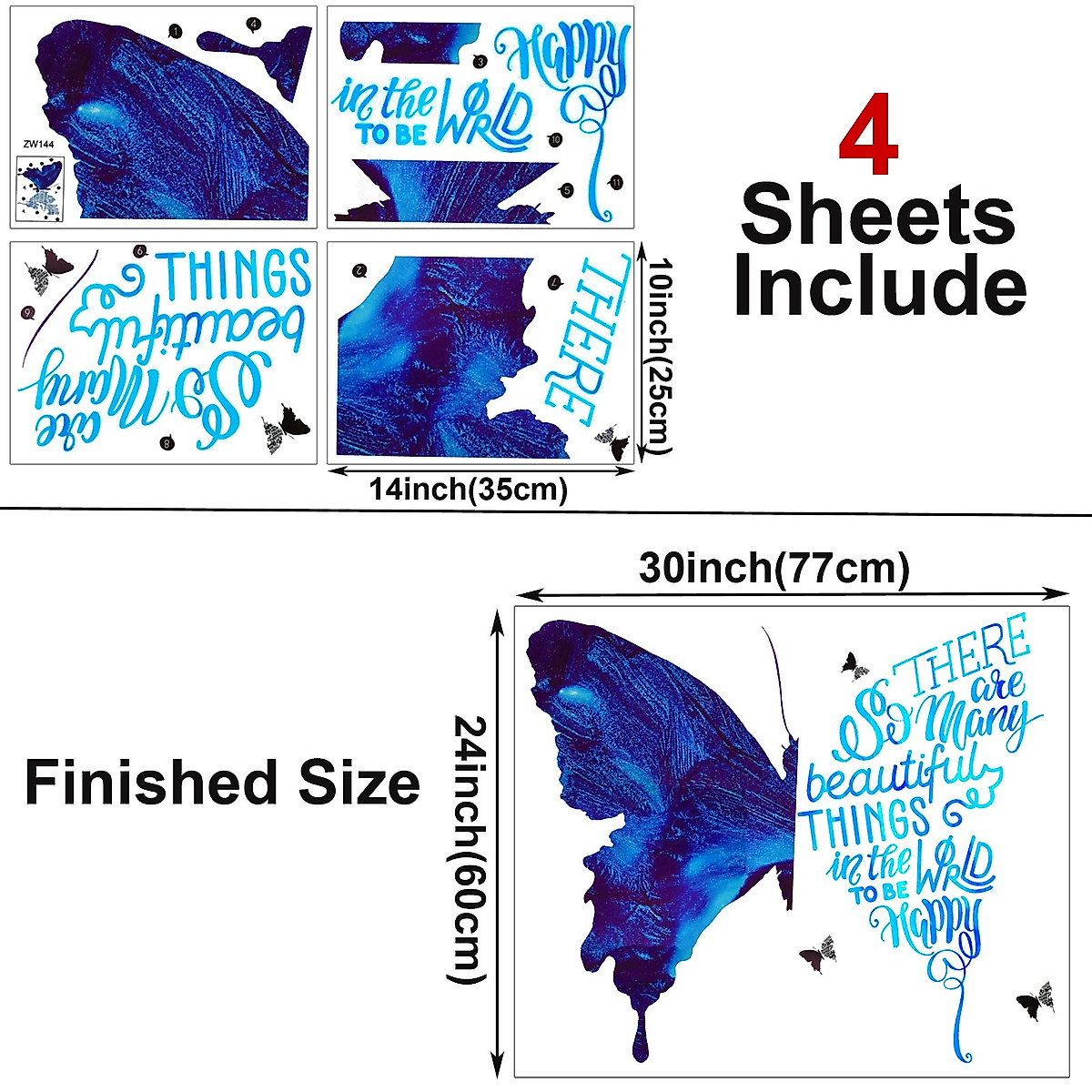 Maydahui Blue Butterfly Wall Sticker to Be Happy Inspirational Quotes Wall Decals (24x30 Inch) Peel Stick Removable Large Motivational Saying Art Mural Decor for Living Room Bedroom Nursery